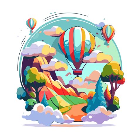 나무와 열기구가 있는 매력적인 풍경의 공기 클립 아트 만화 그림 벡터 공기 클립 아트 만화 Png 일러스트 및 벡터 에 대한 무료 다운로드 Pngtree