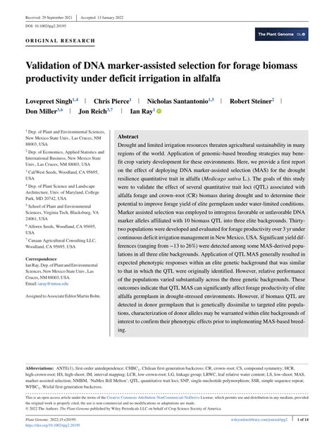 Pdf Validation Of Dna Marker‐assisted Selection For Forage Biomass Productivity Under Deficit