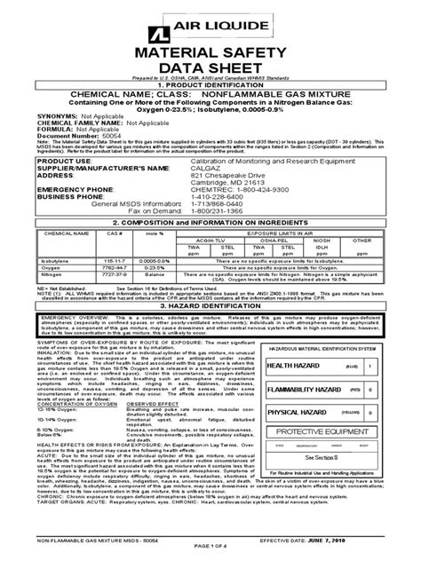Material Safety Data Sheet Chemical Name Class Nonflammable Gas