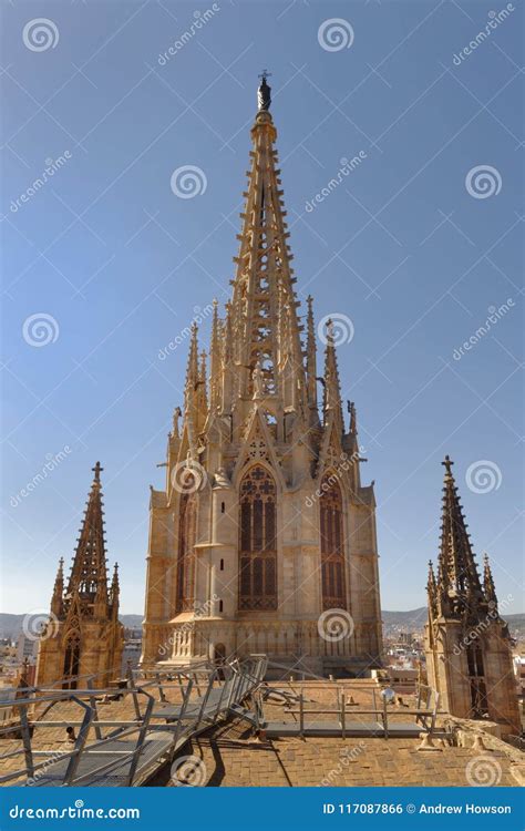 Rooftop View Of Barcelona Cathedral Spire Spain Editorial Photo
