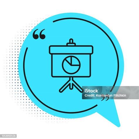 그래프 일정 차트 다이어그램 인포그래픽 흰색 배경에서 격리된 원형 그래프 아이콘이 있는 블랙 라인 프레젠테이션 보드입니다 파란색 음성 버블 기호입니다 벡터 일러스트레이션