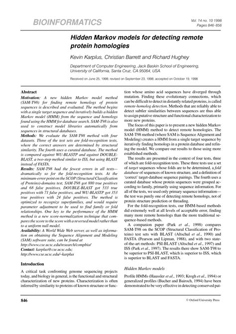 Pdf Hidden Markov Models For Detecting Remote Protein Homologies