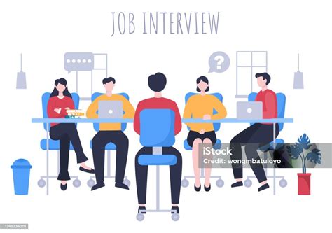면접 회의 후보자 및 인사 관리자 고용 및 고용의 아이디어 테이블에 비즈니스 남자 또는 여자 대화에 대한 벡터 일러스트 레이션