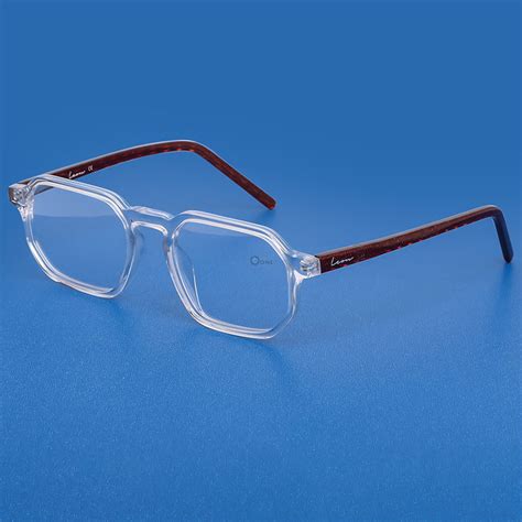 Unisex Rectangular Clear Eyeglasses With Hexagon Cuts And Brown Arms