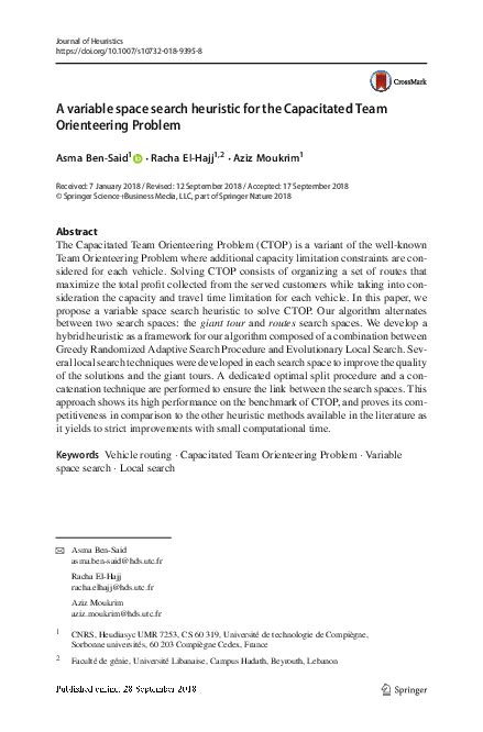 Pdf A Variable Space Search Heuristic For The Capacitated Team