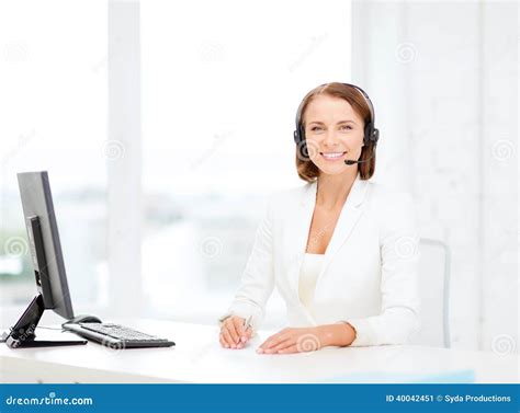 Friendly Female Helpline Operator With Computer Stock Photo Image 40042451