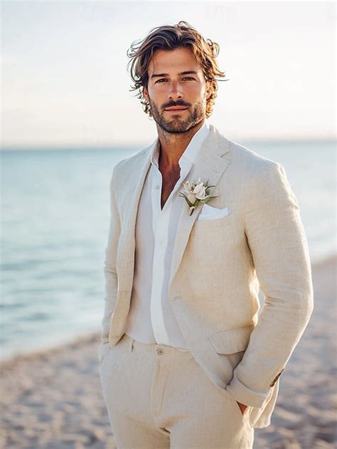 Mens Wedding Beach Wedding Linen Suits Beige Lightweight Casual Solid