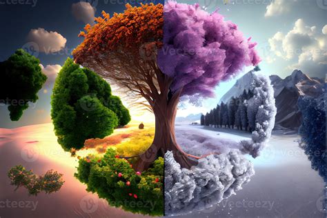 Illustration Of The Four Temporal Seasons In One Face One Frame One