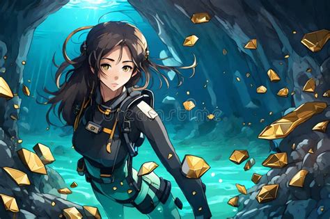 Young Anime Girl Diving Exploring Treasure Filled Cave Stock
