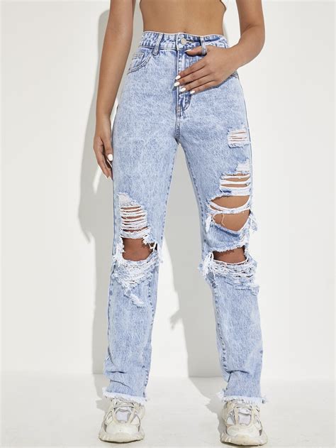 Ladder Distressed Raw Trim Jeans Clothes Cute Ripped Jeans Trendy