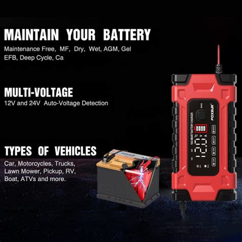 Foxsur 12v 24v 10a 자동차오토바이 배터리 스마트 수리 납산 배터리 충전기 플러그 유형au 플러그
