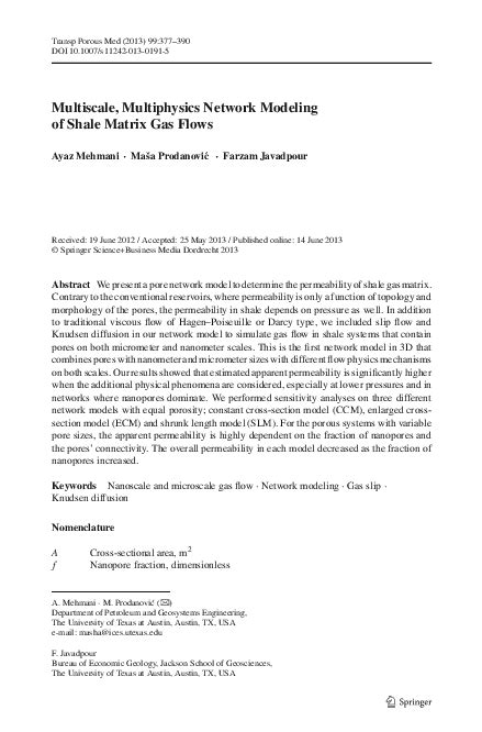 Pdf Multiscale Multiphysics Network Modeling Of Shale Matrix Gas Flows