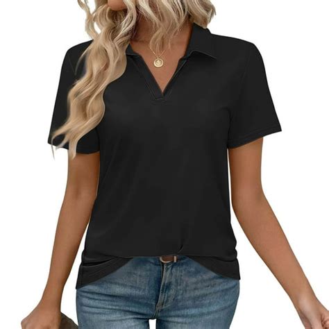 Clodeeu Lapel Shirt Collar V Neck Top For Womenshort Sleeve Tunic T