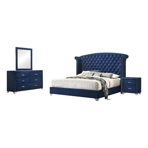 Coaster 4 Piece Contemporary Velvet Queen Bedroom Set In Blue Bush