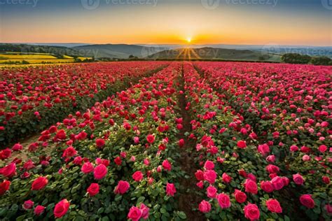 A Field Of Red Roses In The Photo At Sunset With A Mountain Background