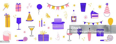 큰 생일 클립 아트 축제 아이콘 컬렉션 케이크 화환 풍선 양초 선물 안경 및 병 스티커 인쇄물 엽서 디자인을위한 벡터 일러스트레이션 격리된 요소 개체 그룹에 대한 스톡 벡터