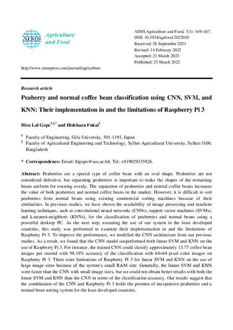pdf peaberry and normal coffee bean classification using cnn svm and knn their