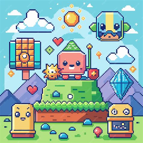 Cute Pixelated Characters And Objects In A Landscape Setting Premium
