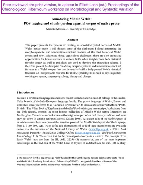 Pdf Annotating Middle Welsh Pos Tagging And Chunk Parsing A Partial Corpus Of Native Prose