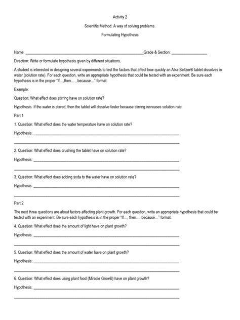 Activity 2 Formulating Hypothesis Pdf Hypothesis Experiment