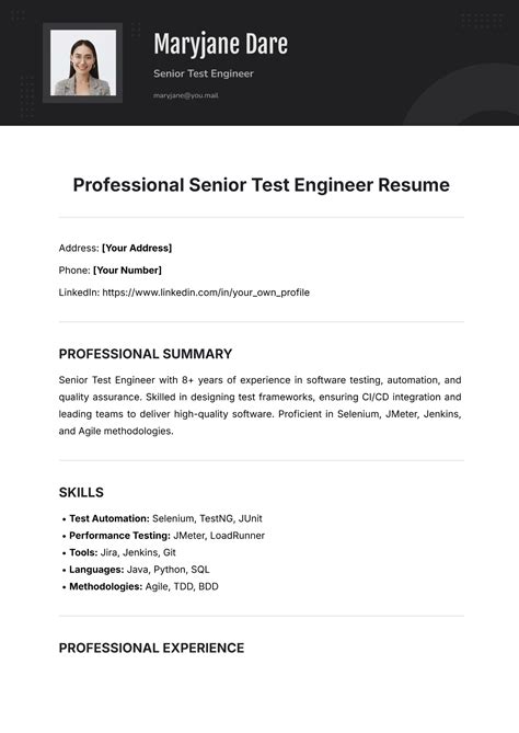 free professional senior test engineer resume template to edit online