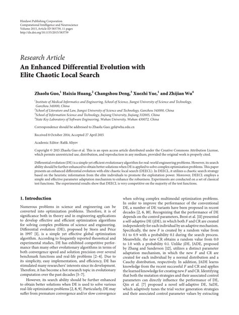 Pdf An Enhanced Differential Evolution With Elite Chaotic Local Search