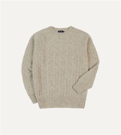 Putty Brushed Cable Knit Shetland Crew Neck Jumper Drakes