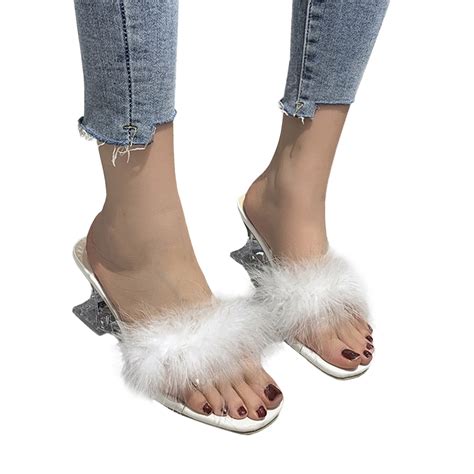 Mepaouo Womens Fuzzy Slippers Clear Heels Square Toe Stilettos Mules