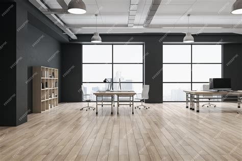 도시 전망 3d 렌더링이 있는 가구 책장 창이 있는 현대적인 목조 및 콘크리트 공동 작업 사무실 인테리어 프리미엄 사진
