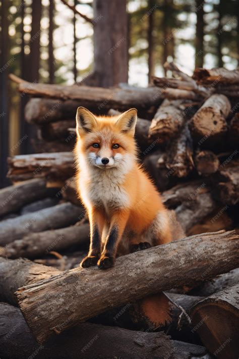 Premium Ai Image A Fox Sitting On A Pile Of Logs