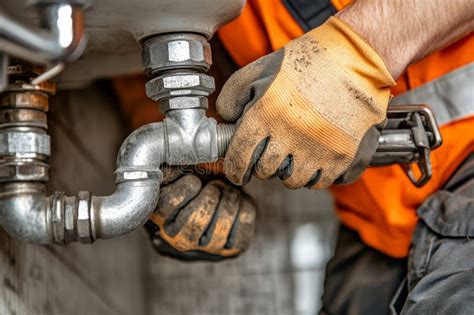 Plumber Fixes Under Sink Pipes Using A Wrench Showcasing Hands Engaged