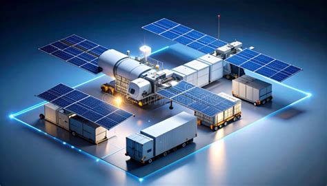 Futuristic Space Station With Solar Panels And Transport Vehicles Stock
