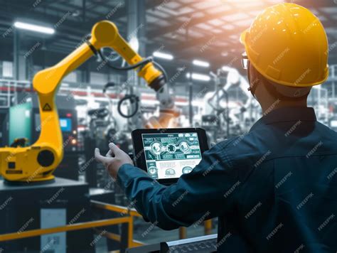 Engineer Programming Robotic Arm In Factory Premium Ai Generated Image