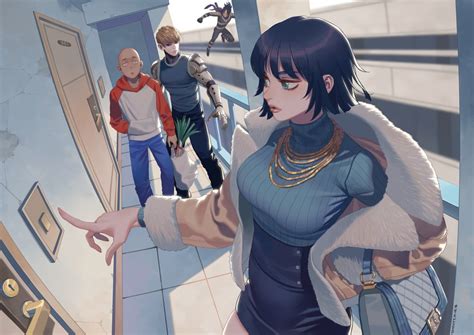 Fubuki Saitama Genos And Onsoku No Sonic One Punch Man Drawn By