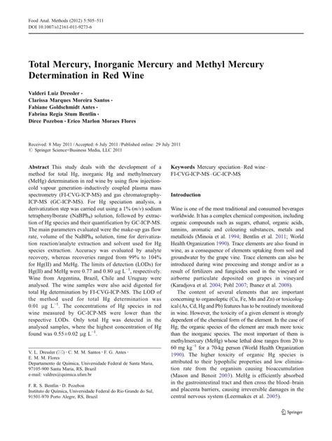 Pdf Total Mercury Inorganic Mercury And Methyl Mercury Determination In Red Wine