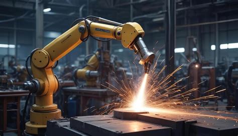 Yellow Robotic Arm Performing Welding In An Industrial Factory Showcasing Advanced Automation