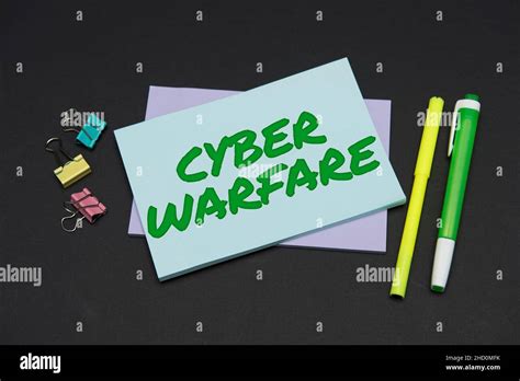 Hand Writing Sign Cyber Warfare Word Written On Virtual War Hackers System Attacks Digital