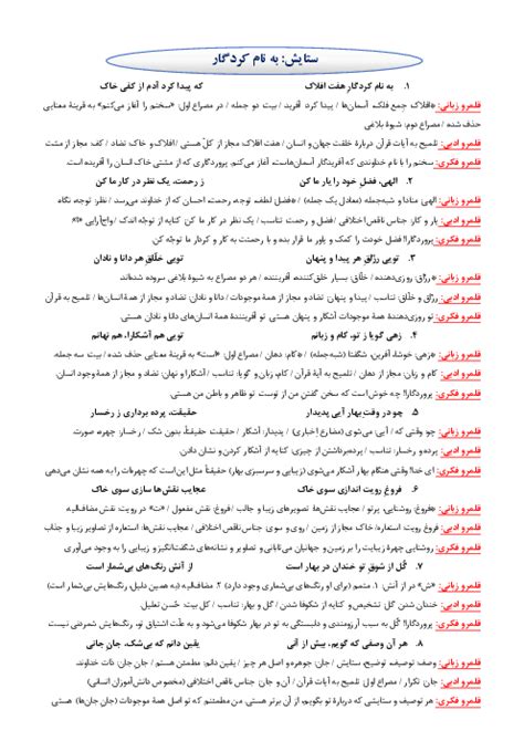 راهنمای کامل قلمرو زبانی، ادبی و فکری دروس کتاب فارسی دهم گاما