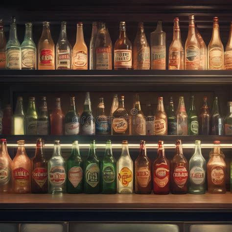 A Row Of Vintage Soda Bottles With Nostalgic Labels In A Retro Diner