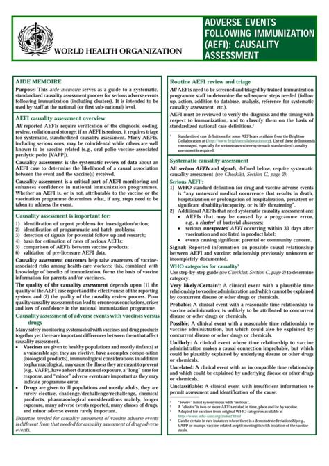 Aefi Causality Assessment Who 2005 Pdf Vaccines Medical Health