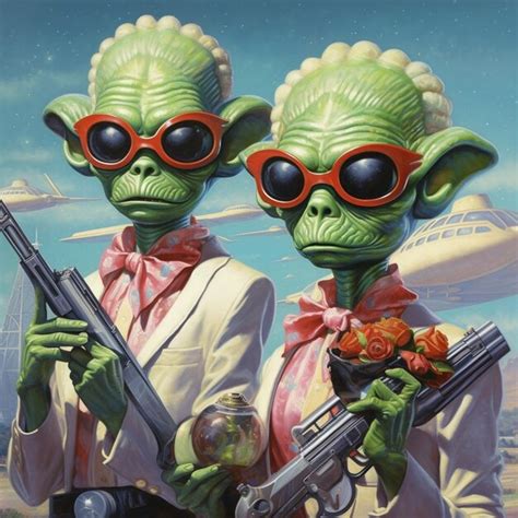 There Are Two Alien Men With Guns And Flowers In Their Hands Generative