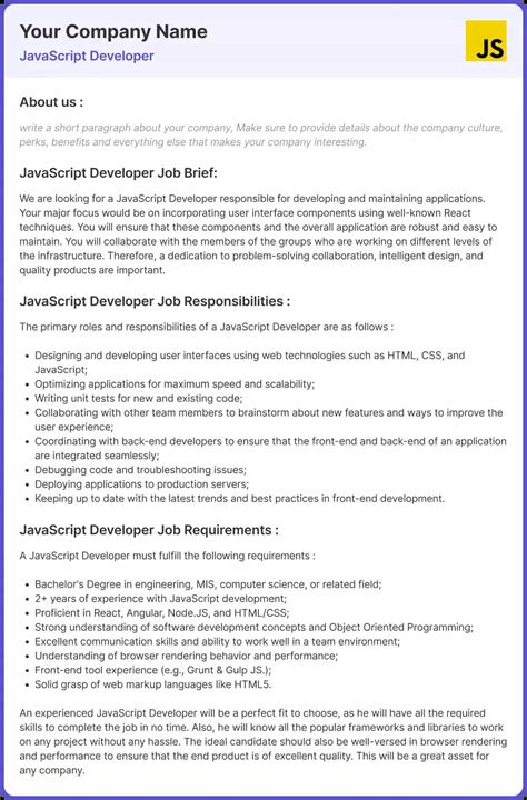 Javascript Developer Job Description
