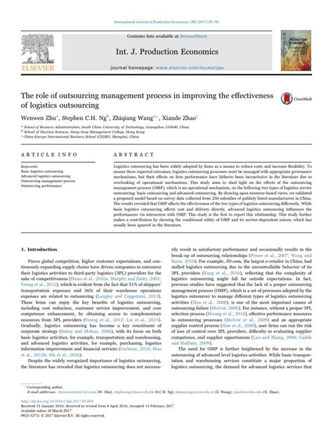 The Role Of Outsourcing Management Process In Improving The Effectiveness Pdf Logistics