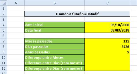 planilha para cálculo de datas função datadif no excel