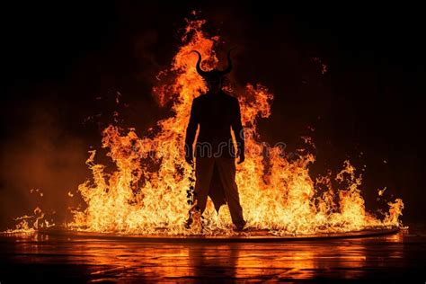 Depicting A The Silhouette Of The Devil Standing On Fire In A Suit