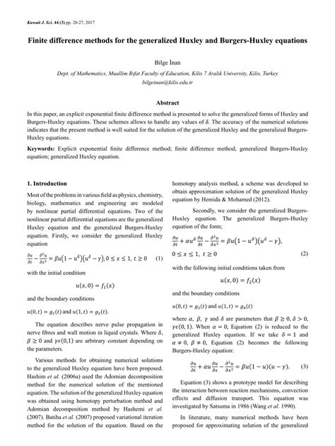 Pdf Finite Difference Methods For The Generalized Huxley And Burgers Huxley Equations