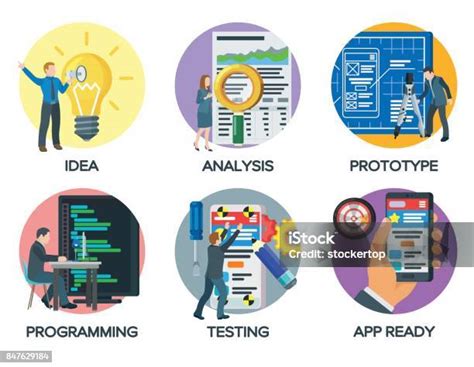 완제품에 아이디어 비즈니스 프로젝트 시작 프로세스의 현대 그림입니다 개념에 대한 스톡 벡터 아트 및 기타 이미지 개념 개발