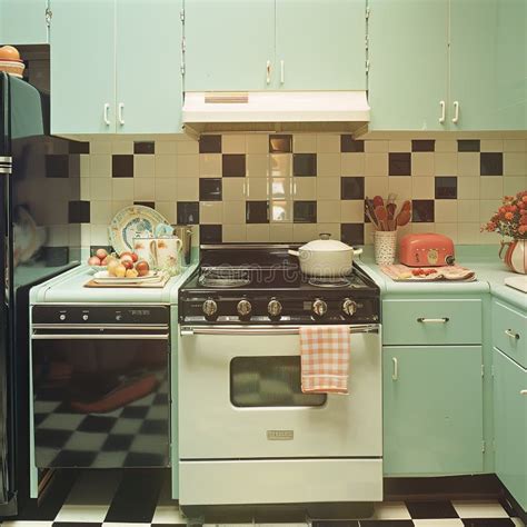 Vintage Kitchen With Retro Appliances And Checkered Tile Backsplash Stock Illustration