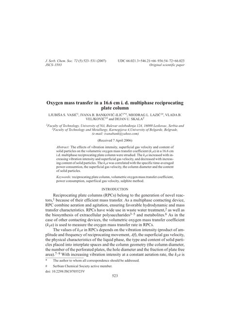 Pdf Oxygen Mass Transfer In A 166 Cm I D Multiphase Reciprocating Plate Column