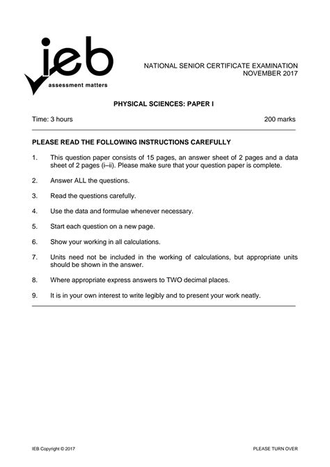 SOLUTION Ieb Assessment Matters National Senior Certificate Examination Physical Sciences 2017